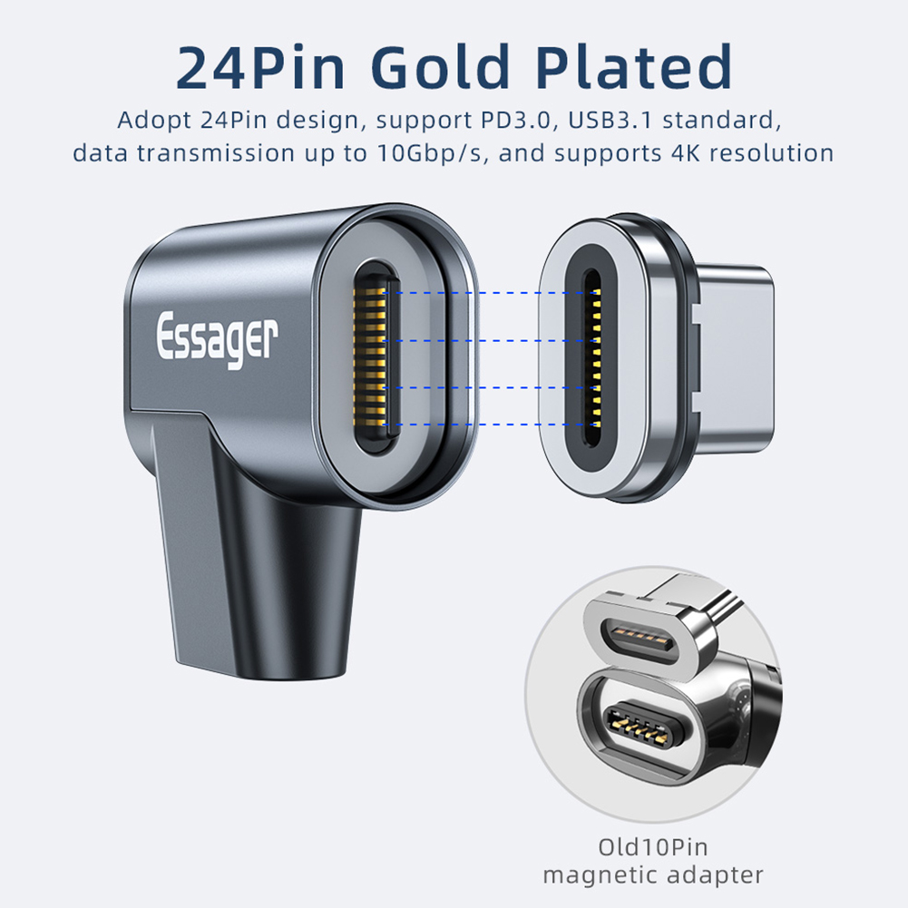 Adaptador USB C Magnético En Ángulo Recto 24 Pines PD 100W 10Gbps 4K ...